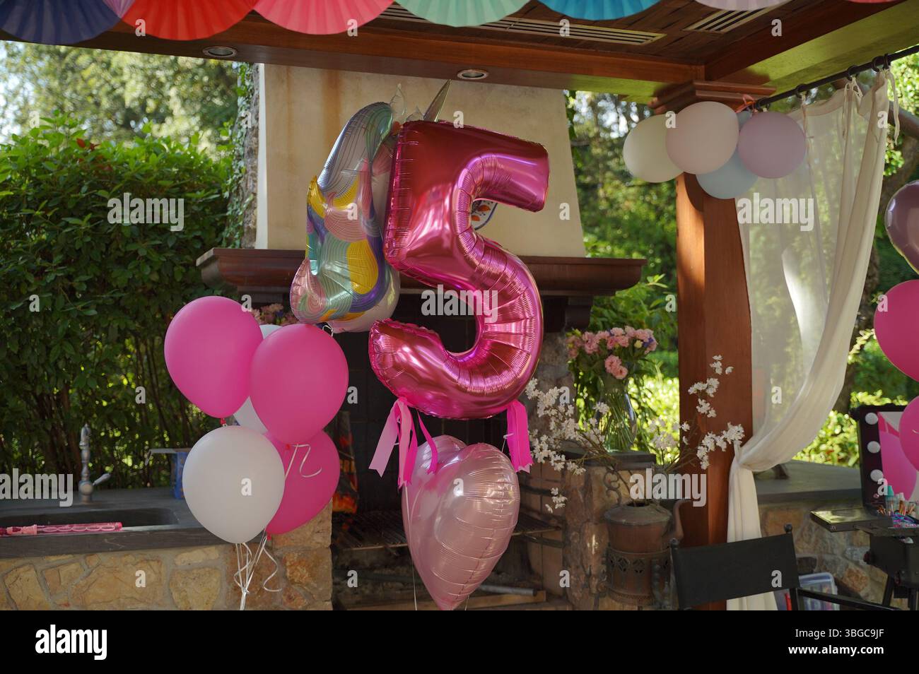 Festive outdoor birthday party setup featuring colorful balloons and ...