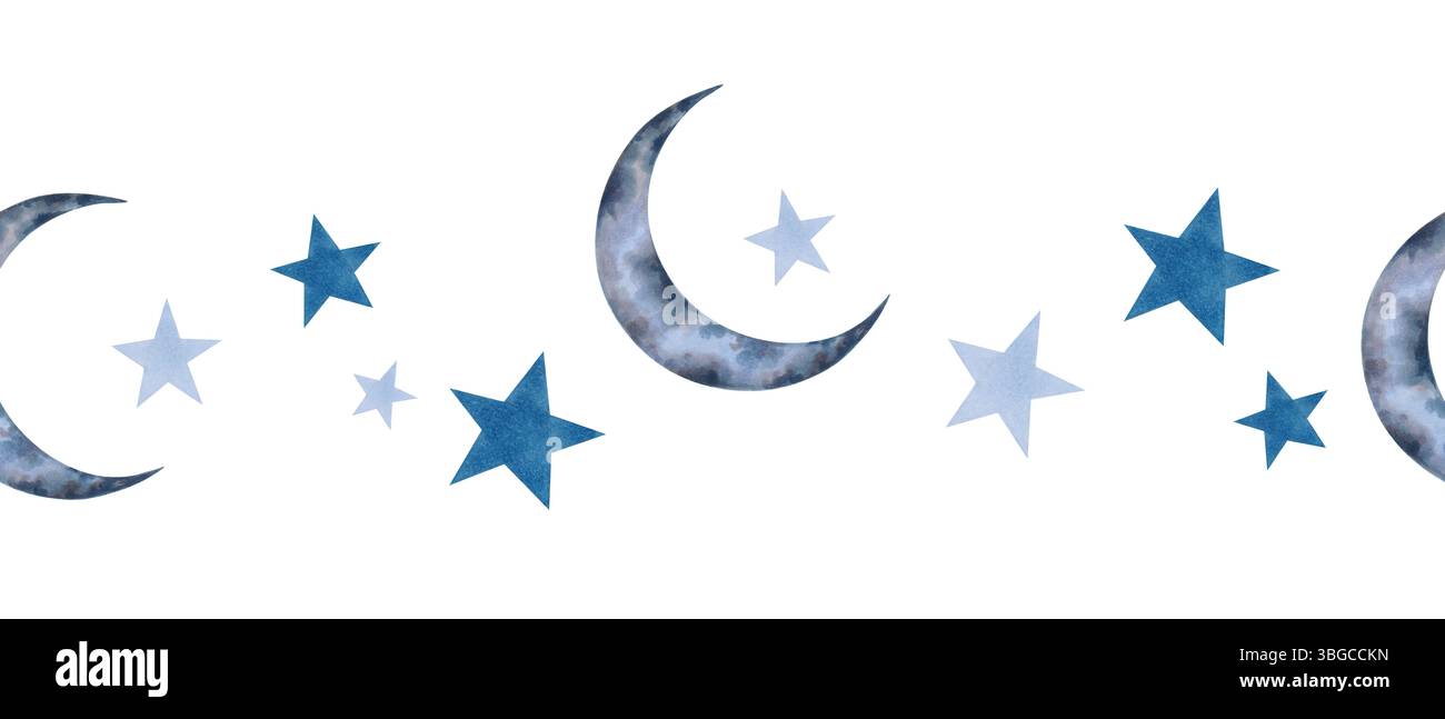 Seamless border of blue crescent moon and stars of different sizes ...