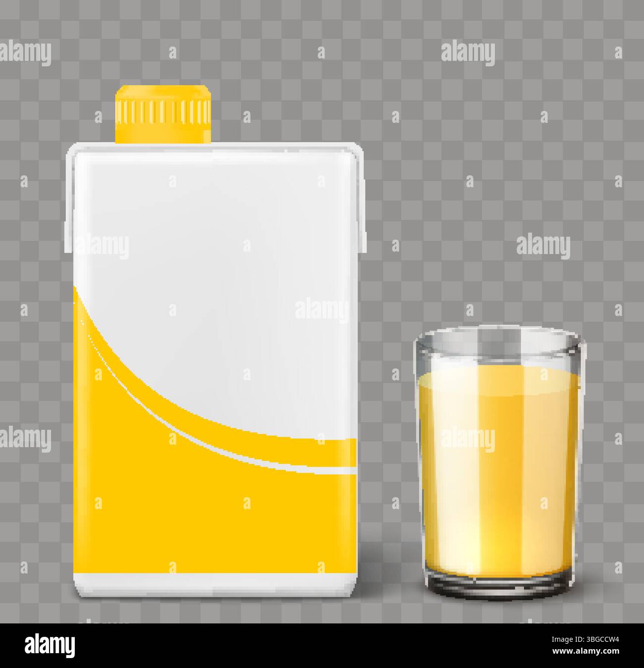 Realistic one liter orange juice carton and full glass. Cardboard box ...