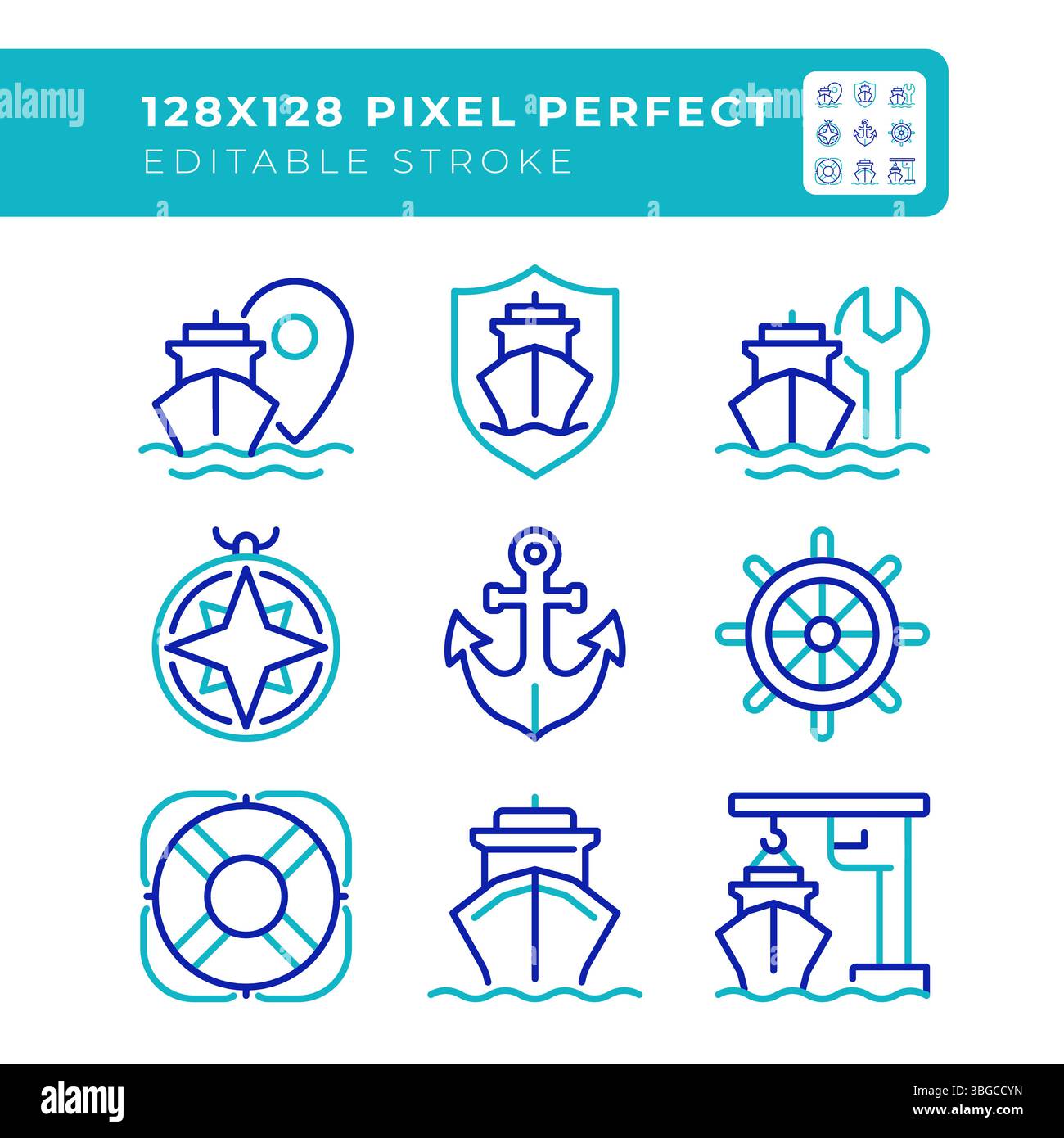 Maritime shipping industry pixel perfect two color line icons set Stock ...