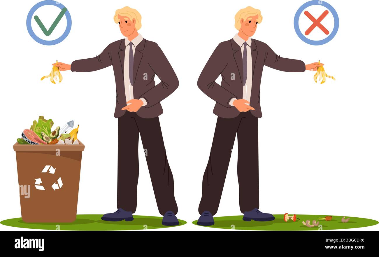 Man correctly disposes of food waste in trash can and improperly ...