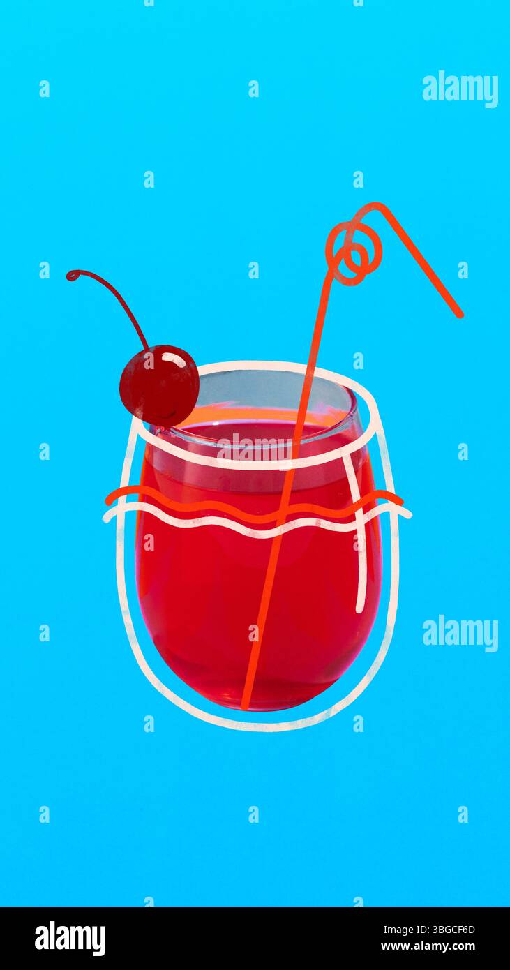 Creative art collage. Drunk cherry. Red cocktail with cherry garnish ...