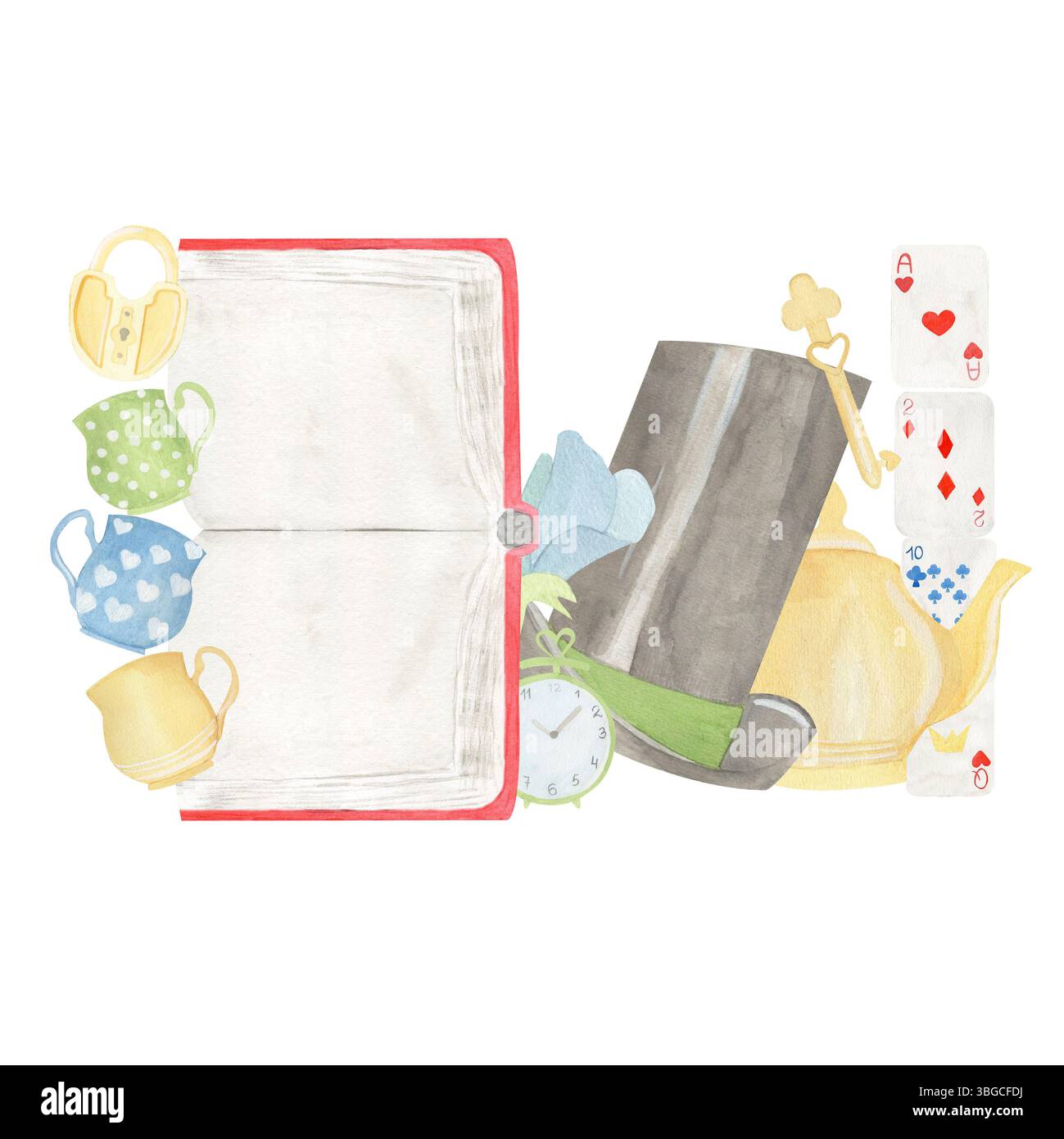 Watercolor collage with a blank open book, teacups, top hat, teapot ...