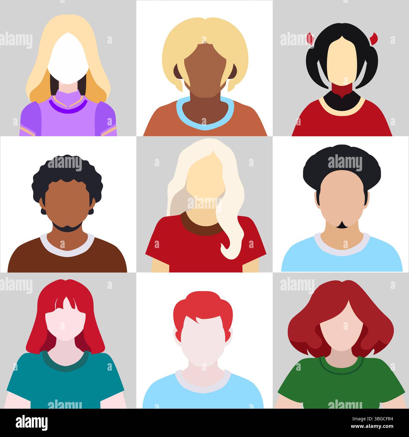 Set of diverse, faceless human avatars with various hairstyles and skin ...