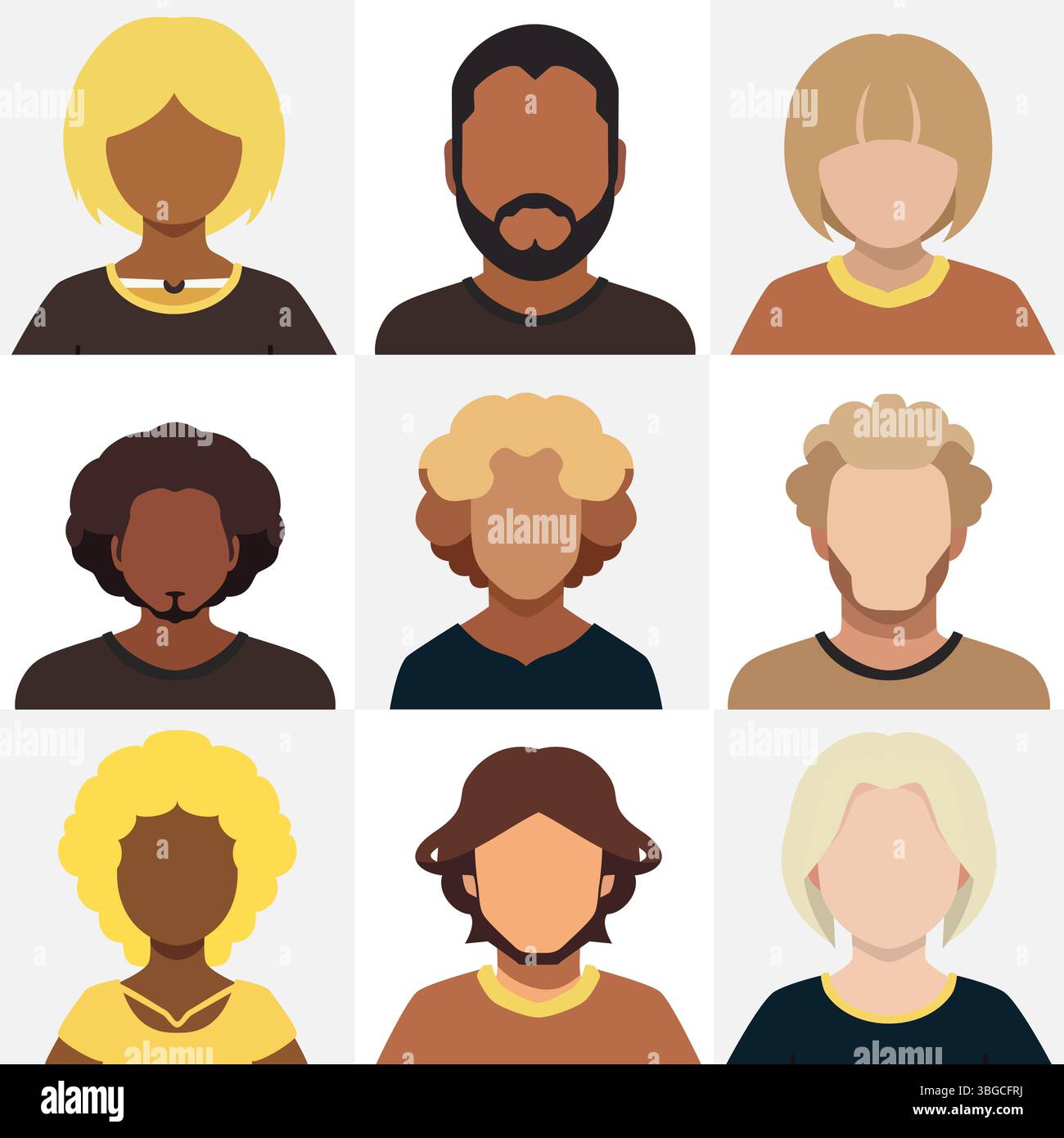 Set of diverse, faceless human avatars with various hairstyles and skin ...