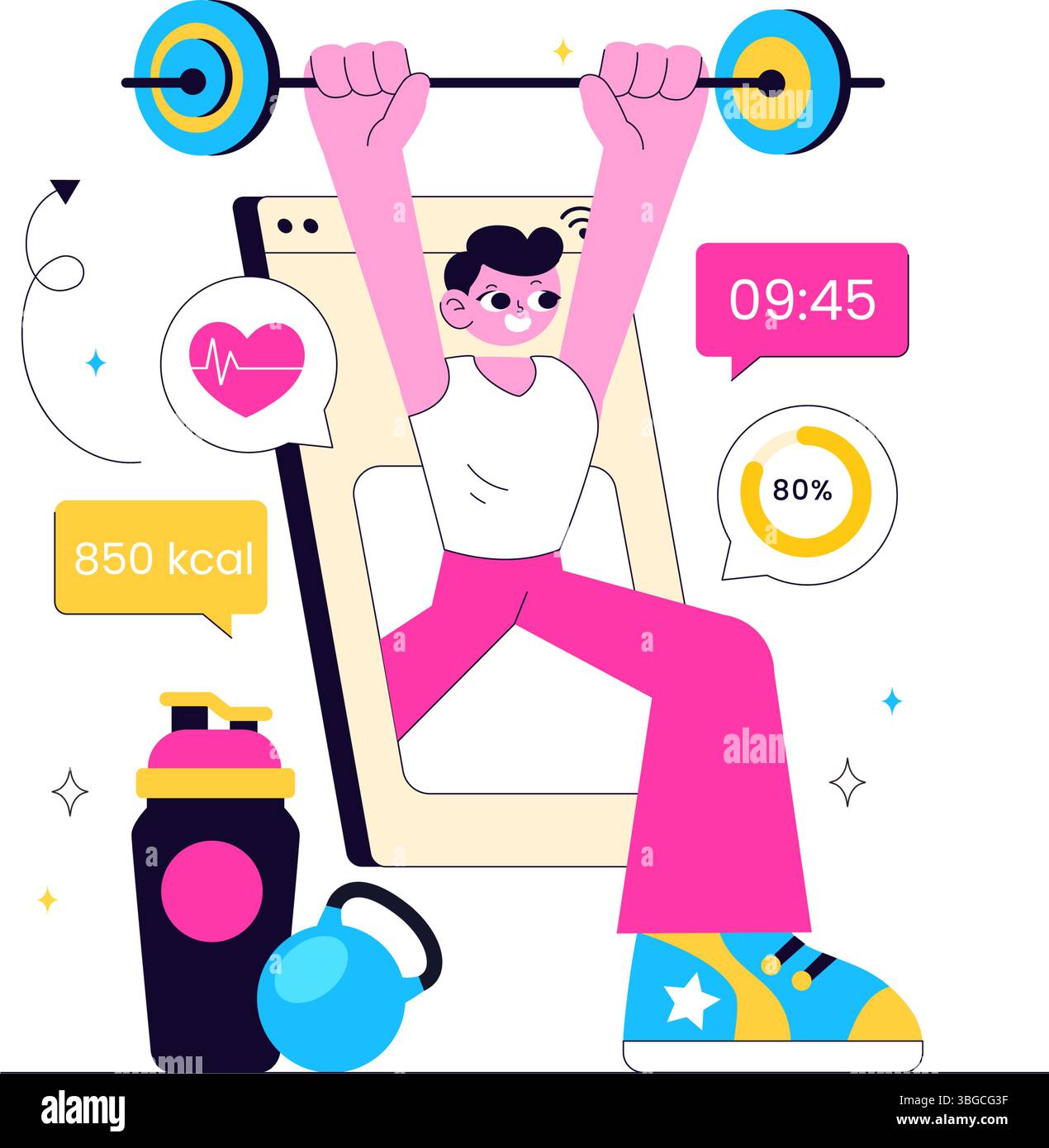 Virtual Fitness App Illustration Featuring People Enjoying Online ...