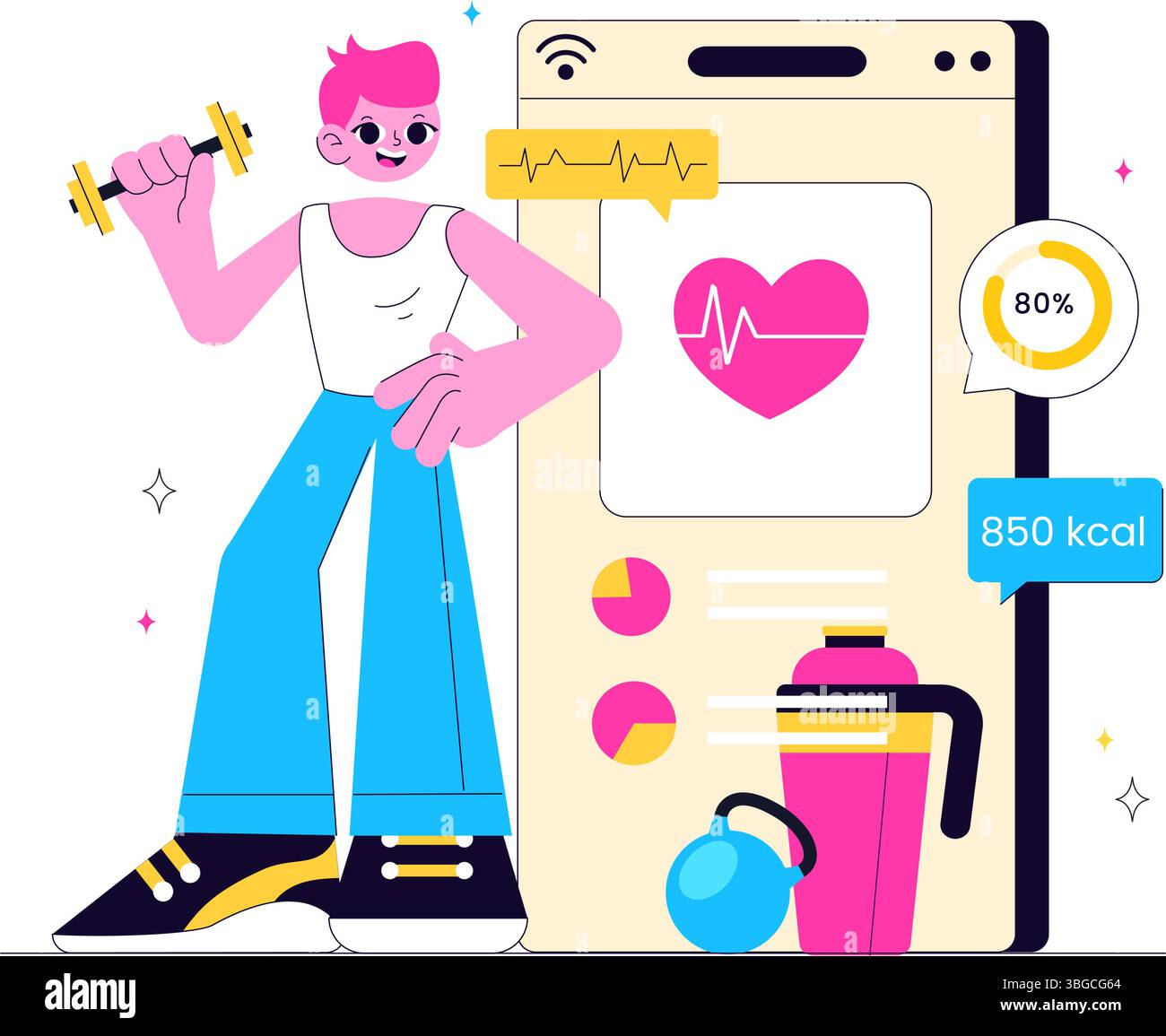 Virtual Fitness App Illustration Featuring People Enjoying Online ...