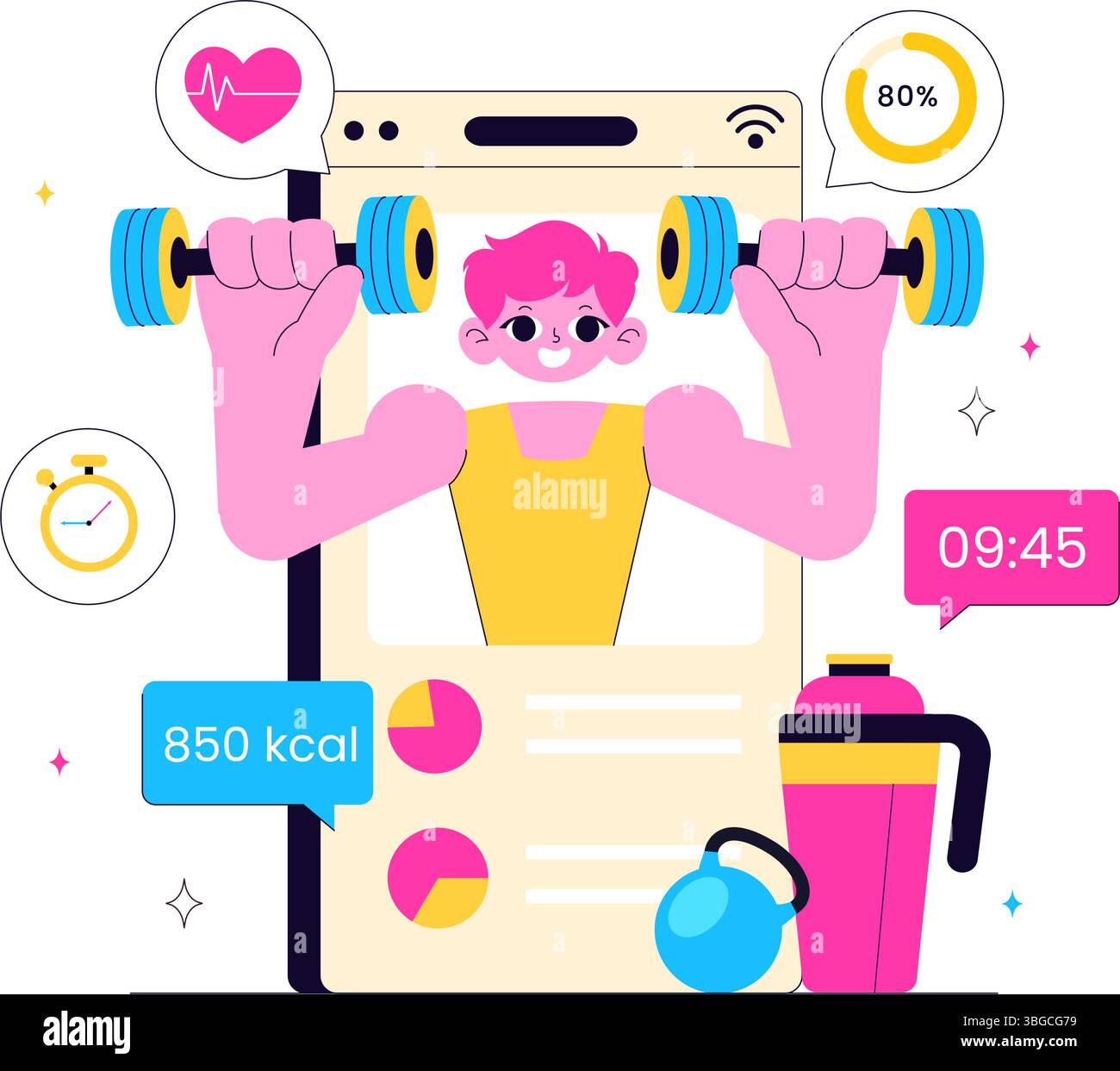 Virtual Fitness App Illustration Featuring People Enjoying Online ...