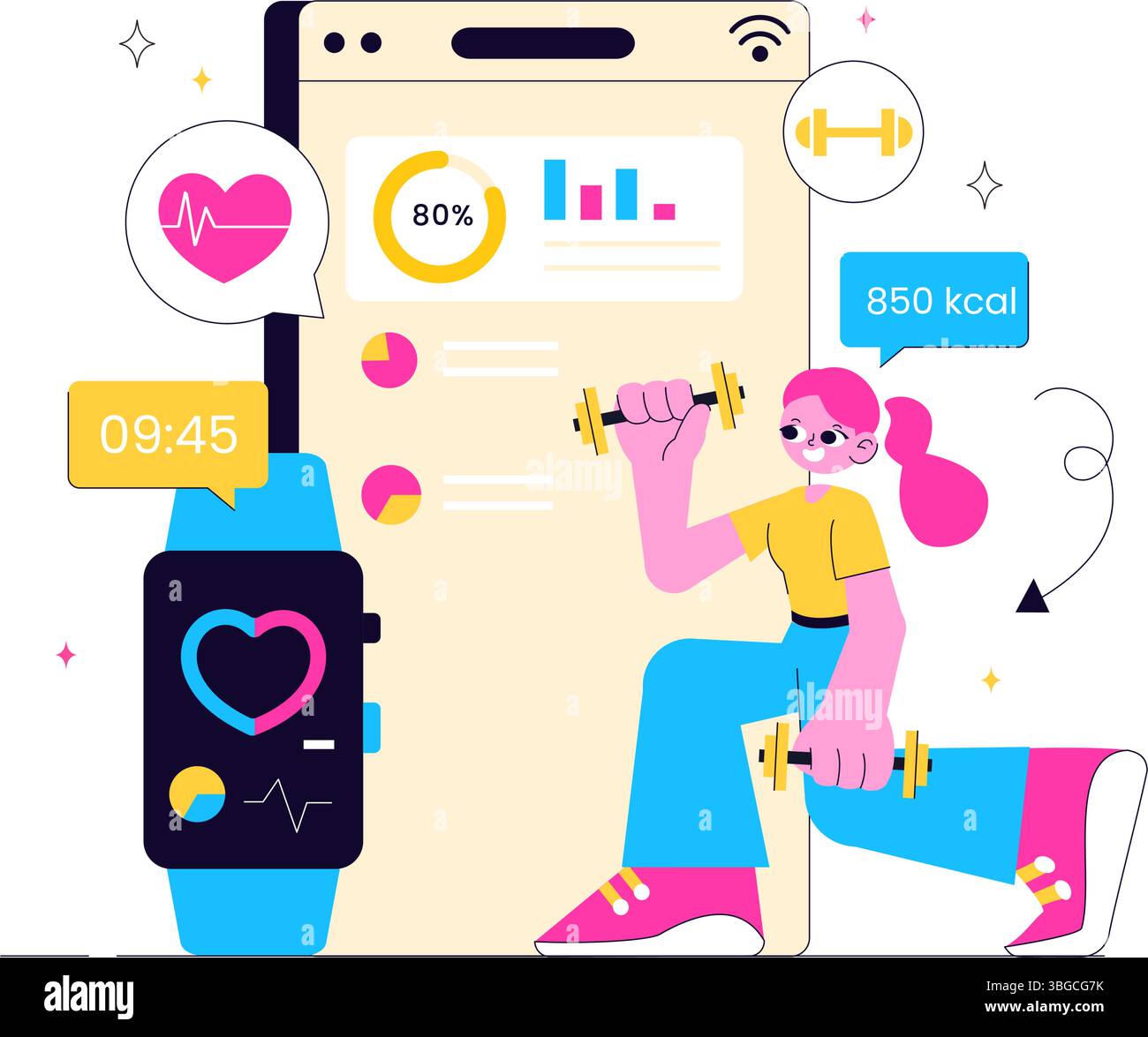 Virtual Fitness App Illustration Featuring People Enjoying Online ...