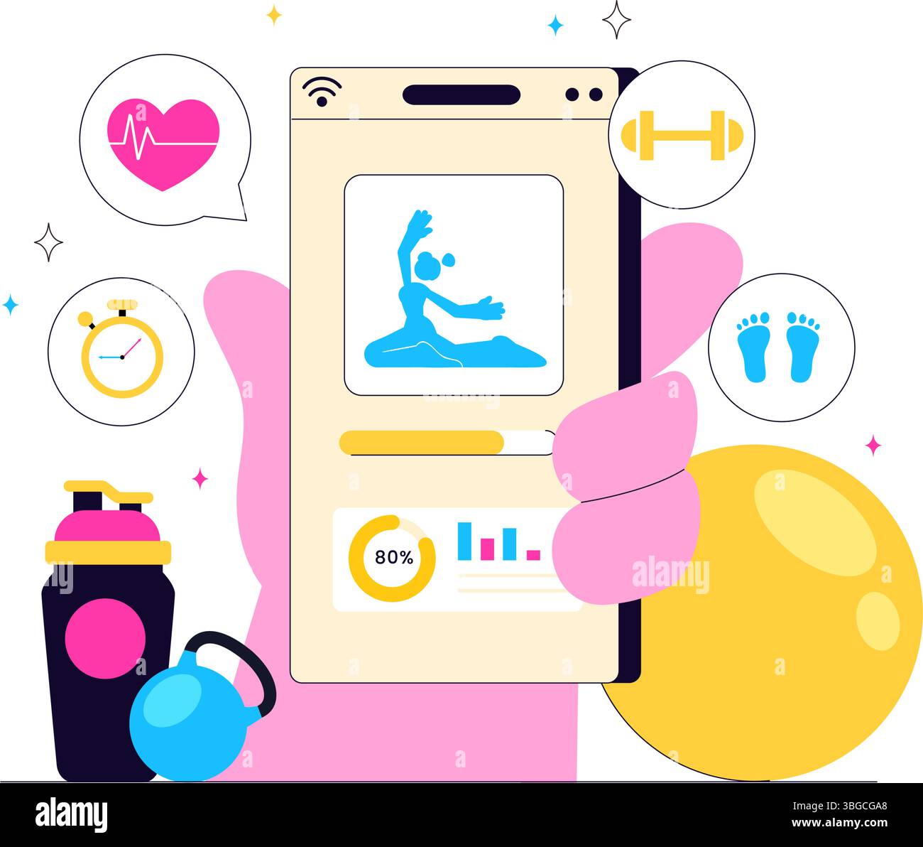Virtual Fitness App Illustration Featuring People Enjoying Online ...