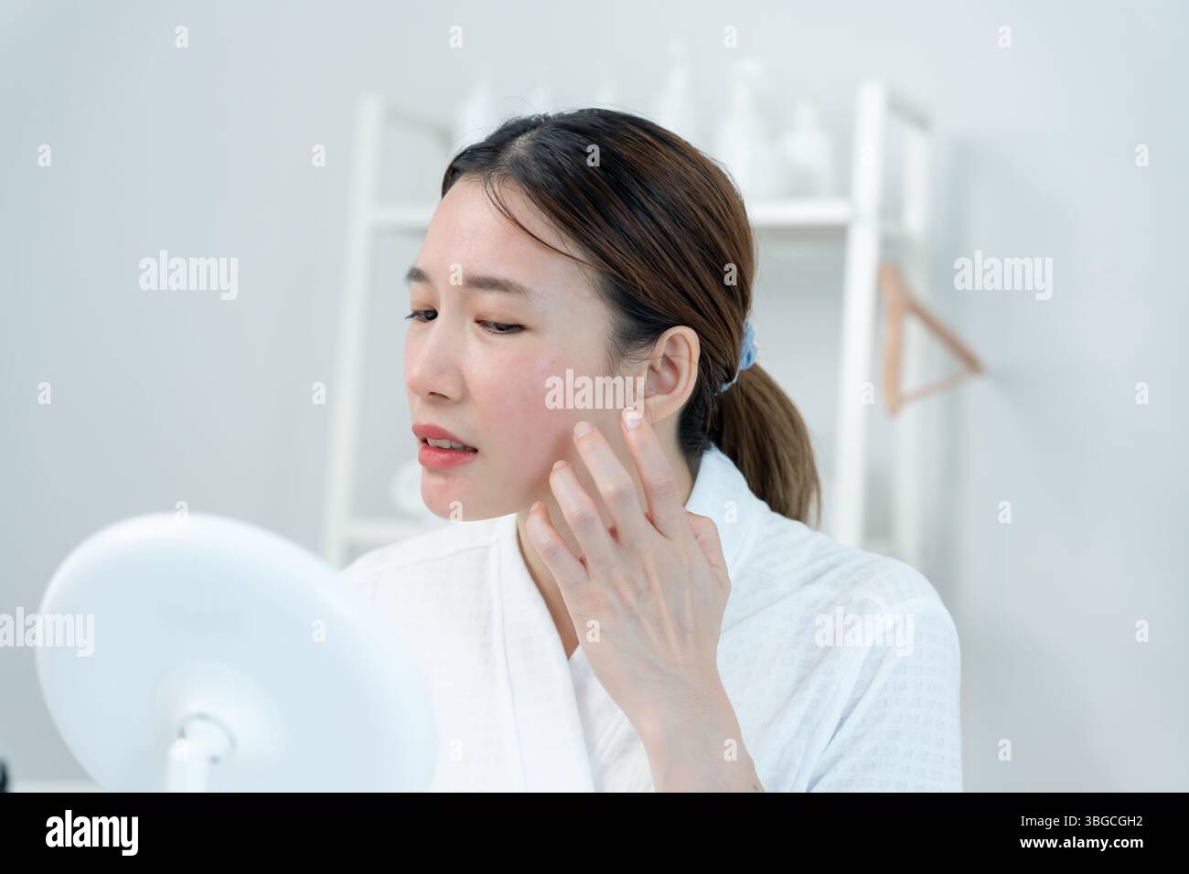 Woman worried about face Dermatology, rosacea dermatitis, allergic ...