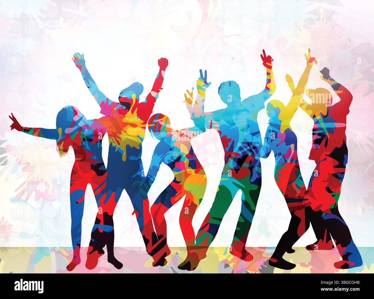 Silhouettes of a group of people dancing energetically on a white ...