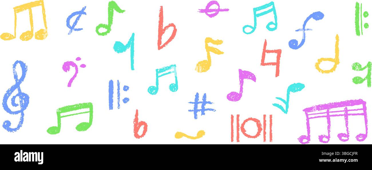 Vector illustration of colorful music notes in charcoal scribble style ...