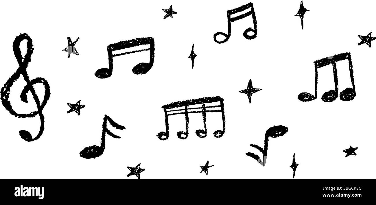 Vector illustration of black music notes and stars in charcoal scribble ...