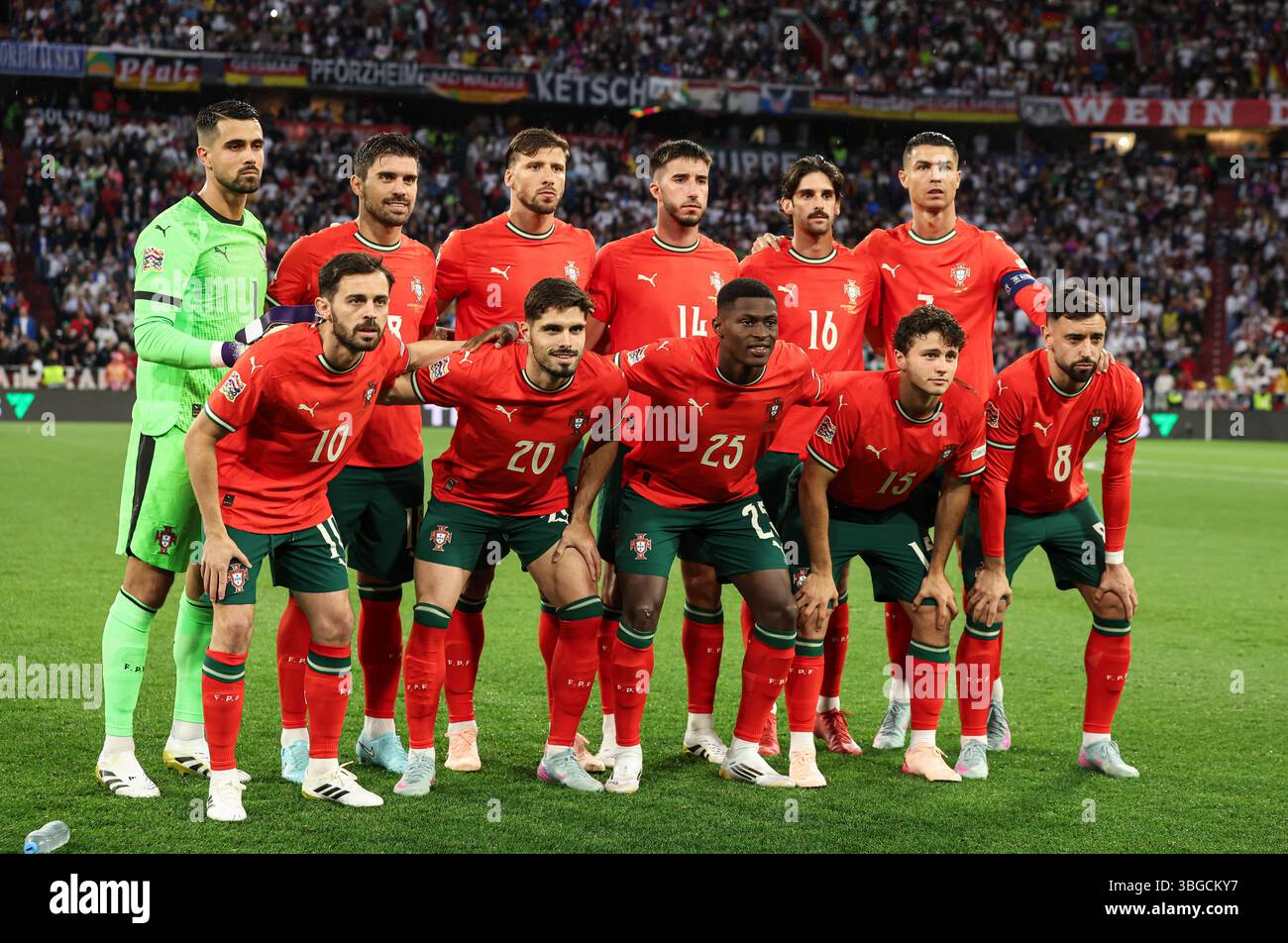 MUNICH, GERMANY - JUNE 04: Players of Team Portugal line up for a team ...