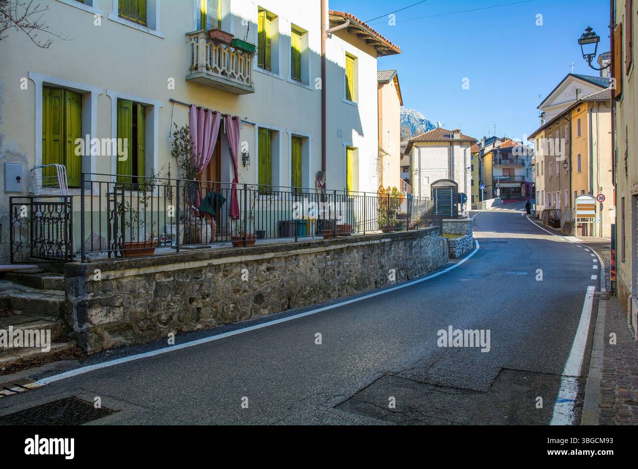 A street in the mountain village of Barcis in Friuli-Venezia Giulia ...
