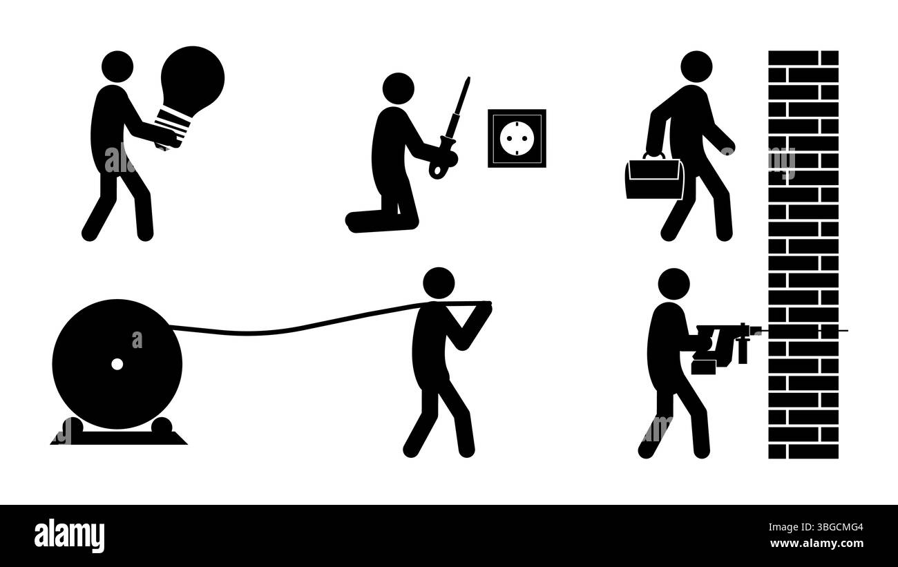 Set of stick figures, electrical work and installation, flat vector ...