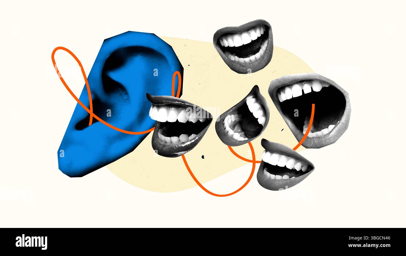 Creative art collage. Giant blue-tinted ear entangled in orange line ...