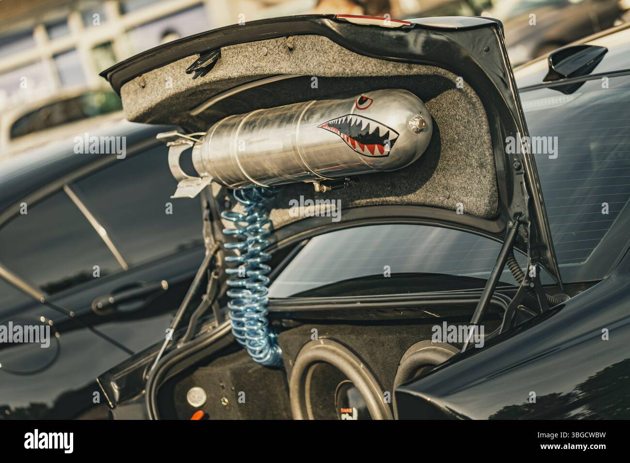Milan, italy 4 june 2025, close up of a nos tank with shark teeth ...