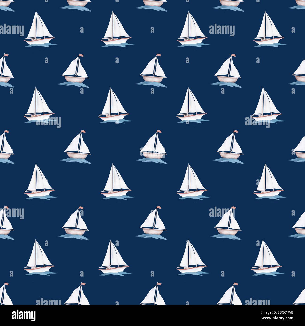 A boat with white sails and a flag on the waves. Seamless pattern ...