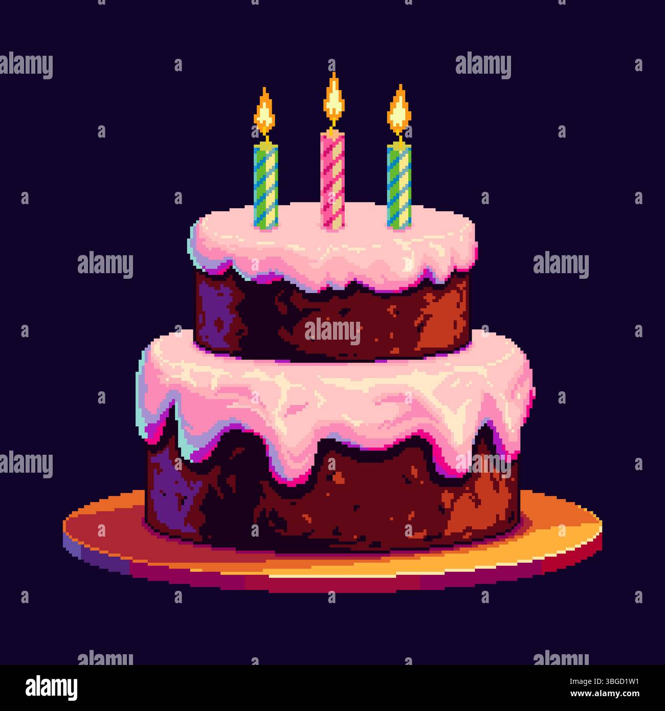 Pixel art illustration of a two-tier chocolate birthday cake with pink ...