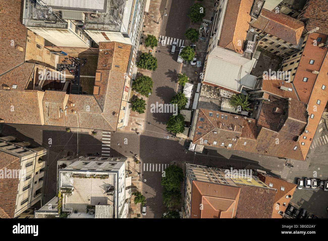 Zenithal aerial view of a small european city intersection with ...