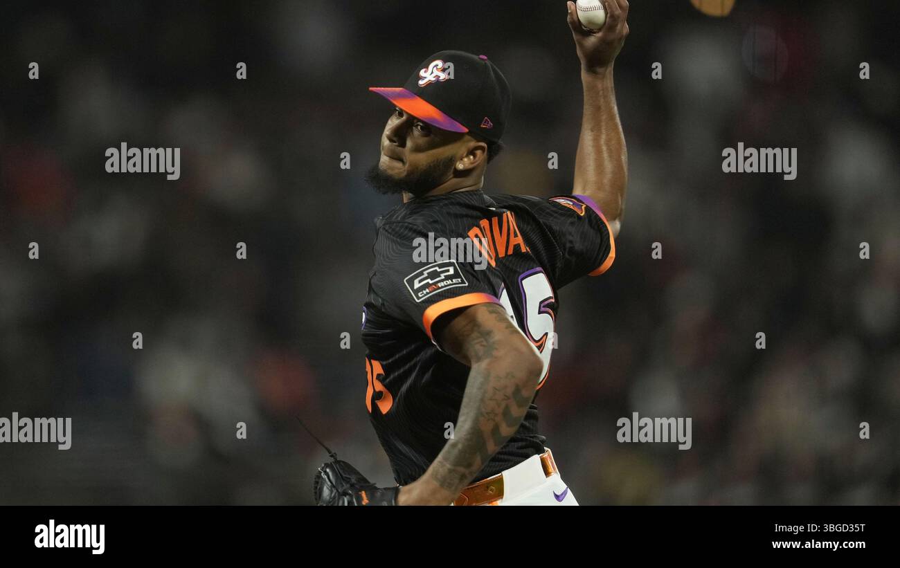 San Francisco Giants pitcher Camilo Doval throws to a San Diego Padres batter during a baseball ...