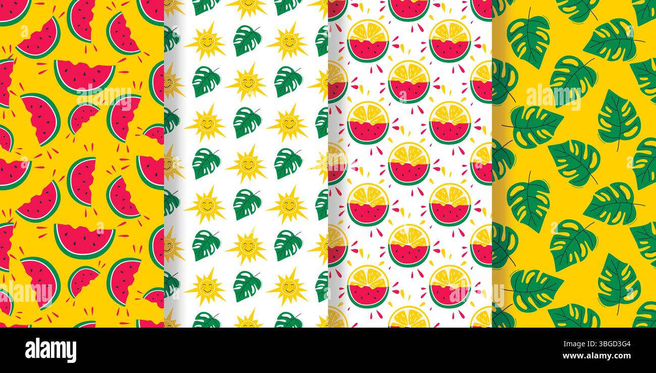 Summer beach vibe seamless pattern set. Bright backgrounds with juicy ...