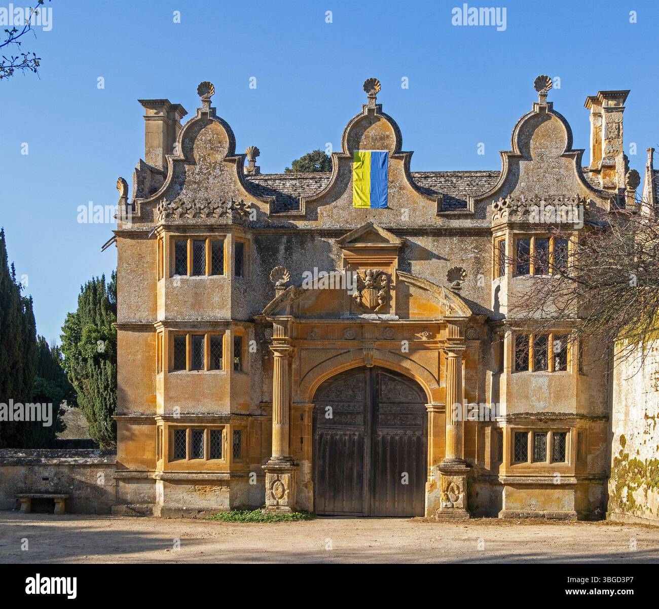 Entrance gate, Ukrainian Flag, Stanway House, Stanway, The Cotswolds ...