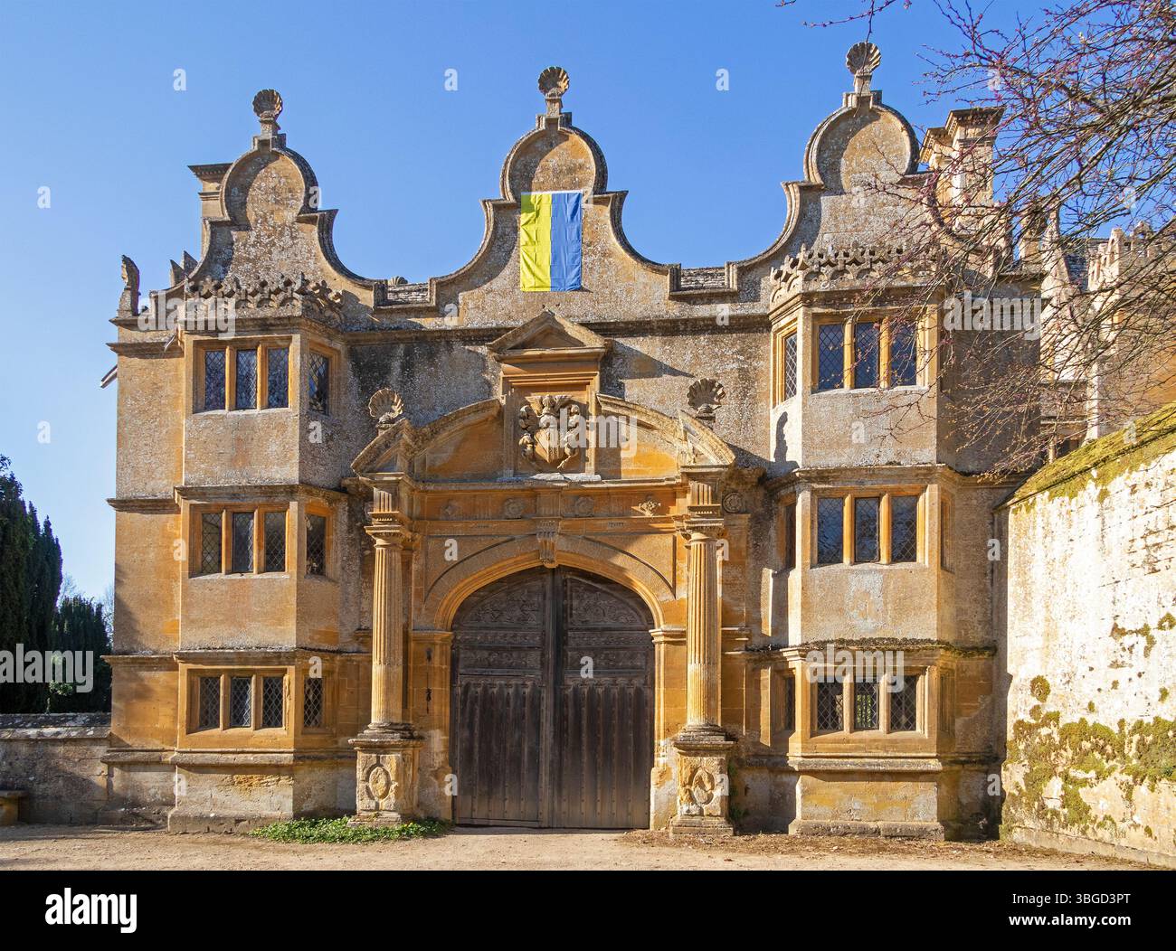 Entrance gate, Ukrainian Flag, Stanway House, Stanway, The Cotswolds ...