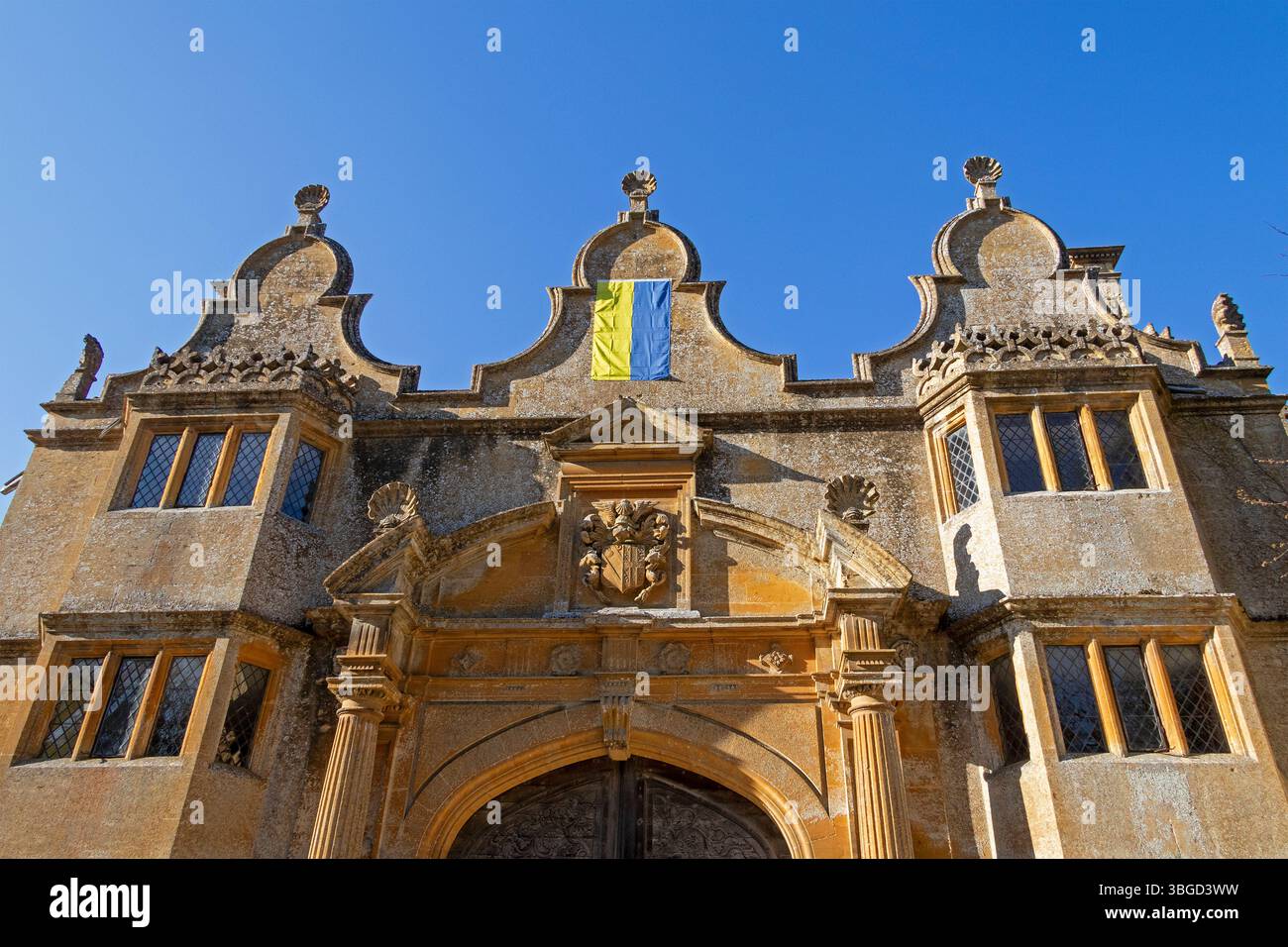 Entrance gate, Ukrainian Flag, Stanway House, Stanway, The Cotswolds ...