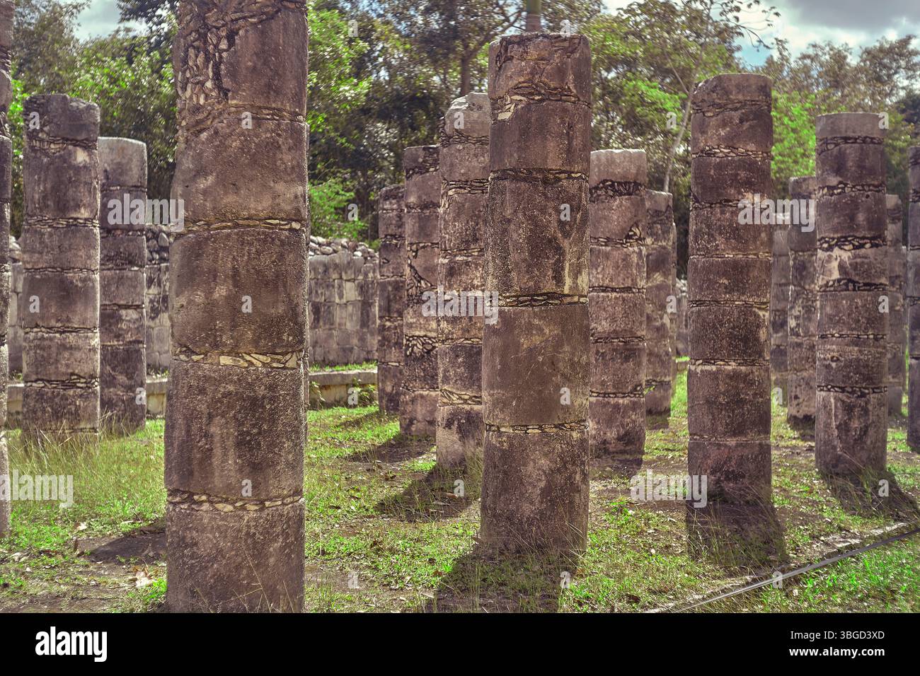 Ancient mayan columns standing in the chichén itzá archaeological site ...