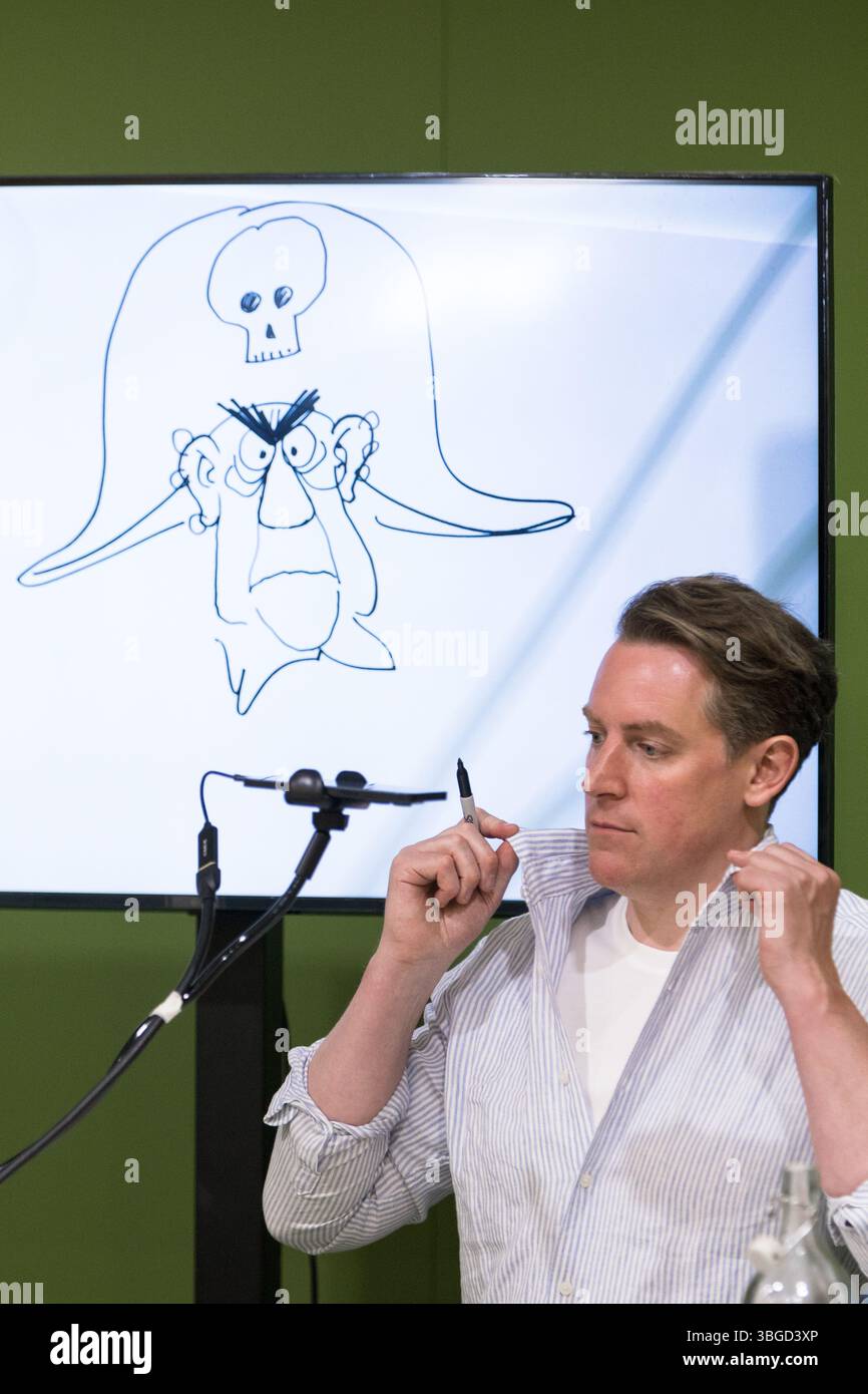 Turin, Italy. 16th May 2025. Illustrator Sam Usher drawing lesson at ...