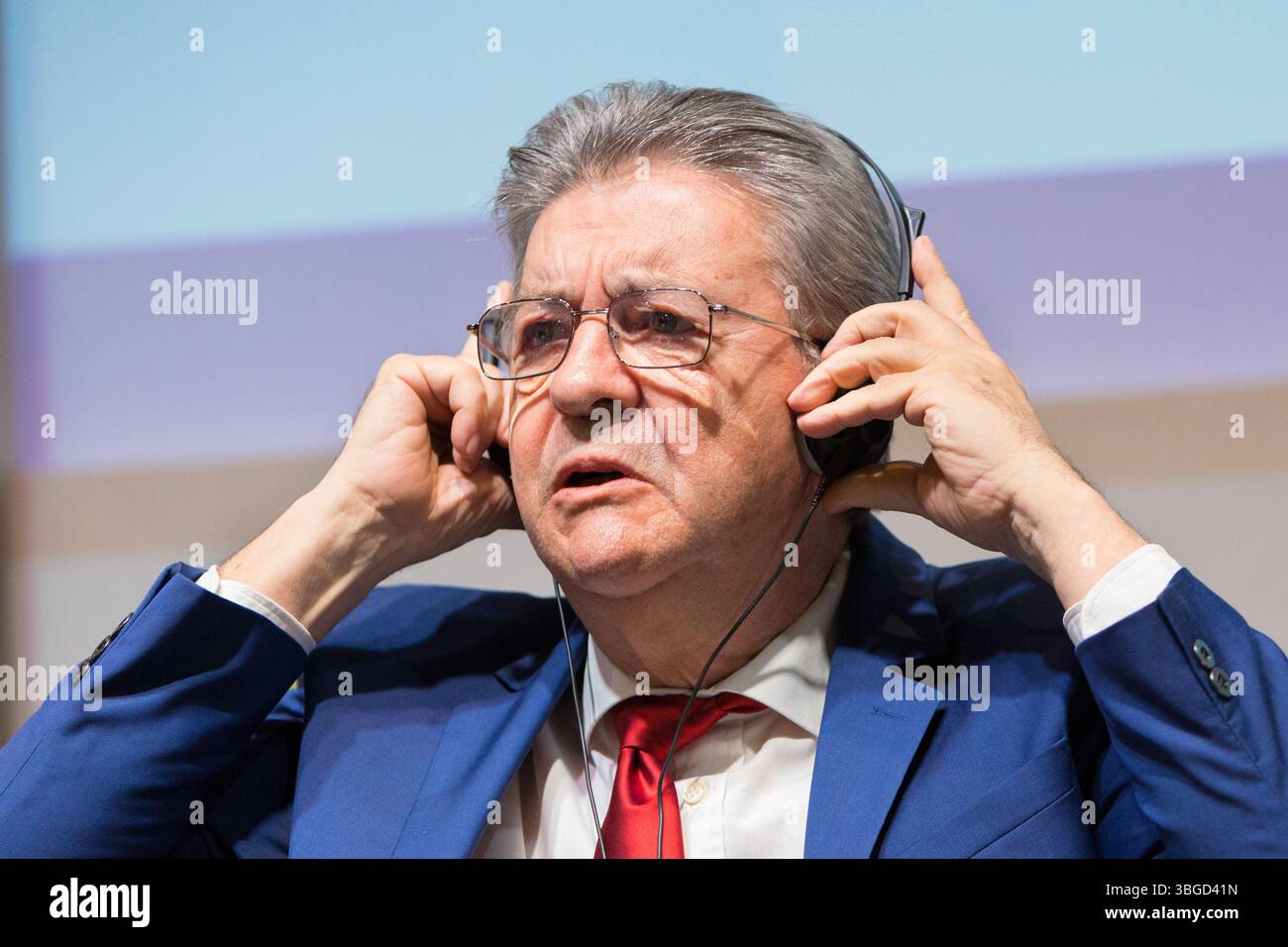 Turin, Italy. 16th May 2025. French politician Jean-Luc Mélenchon is ...