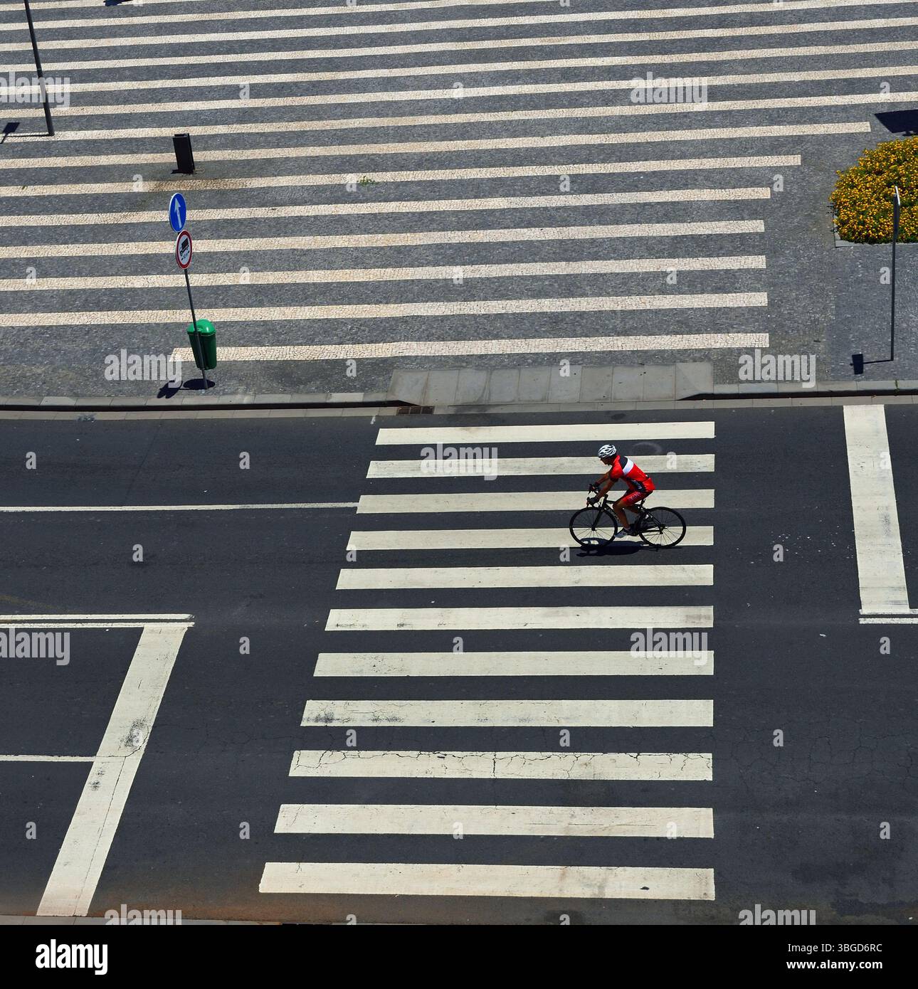 Bicycle racer in red on road taken from above riding over zebra ...