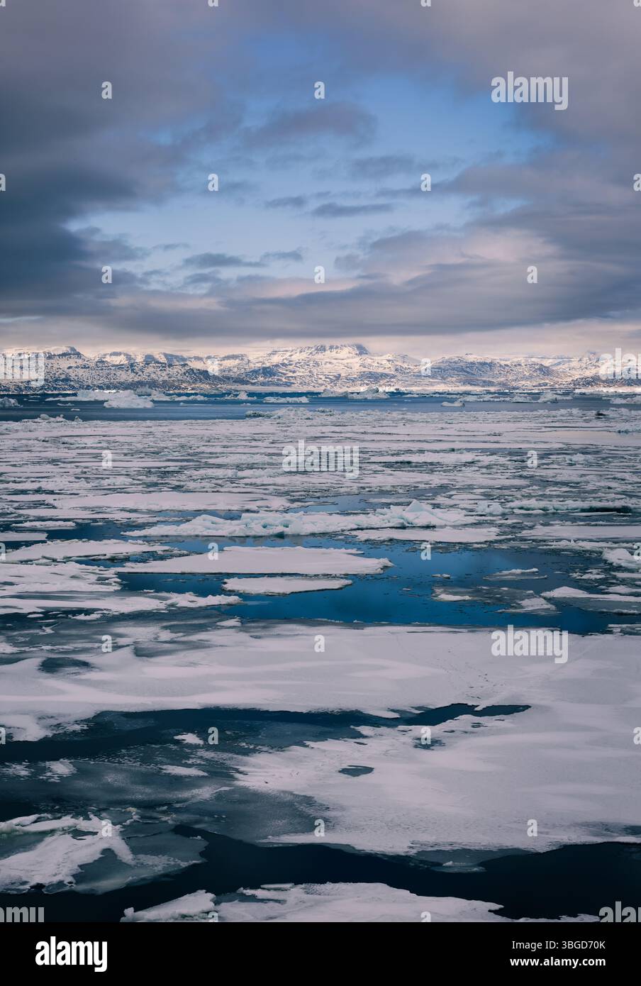 Broken sea ice drifts across the Arctic Ocean near Disko Banke ...