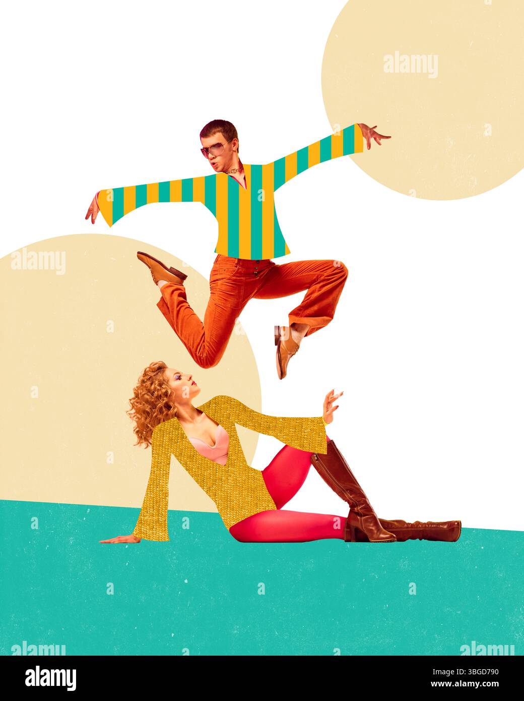 Modern collage poster. Energetic jump and pose of retro dancers in ...