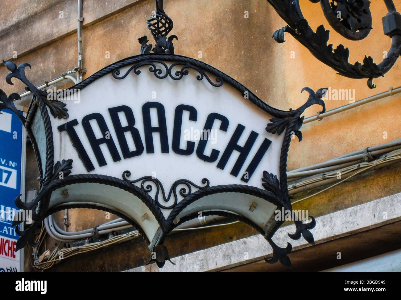 Venice, Italy 1 January 2025: Ornate vintage tabacchi sign hanging in ...