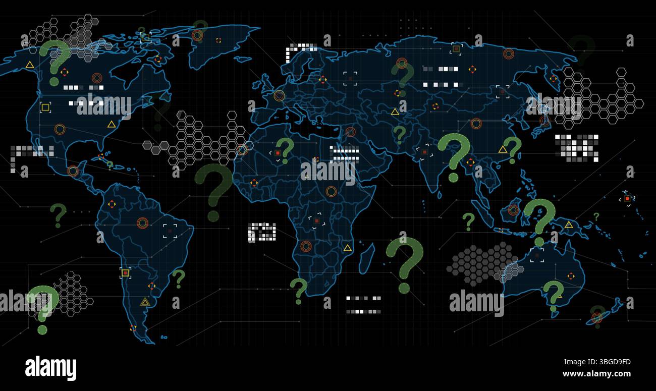 Image of question marks over world map and icons on black background ...