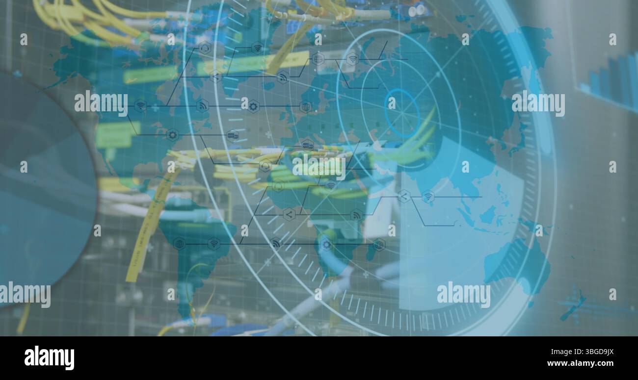 Image of scope scanning and world map over server room Stock Photo - Alamy