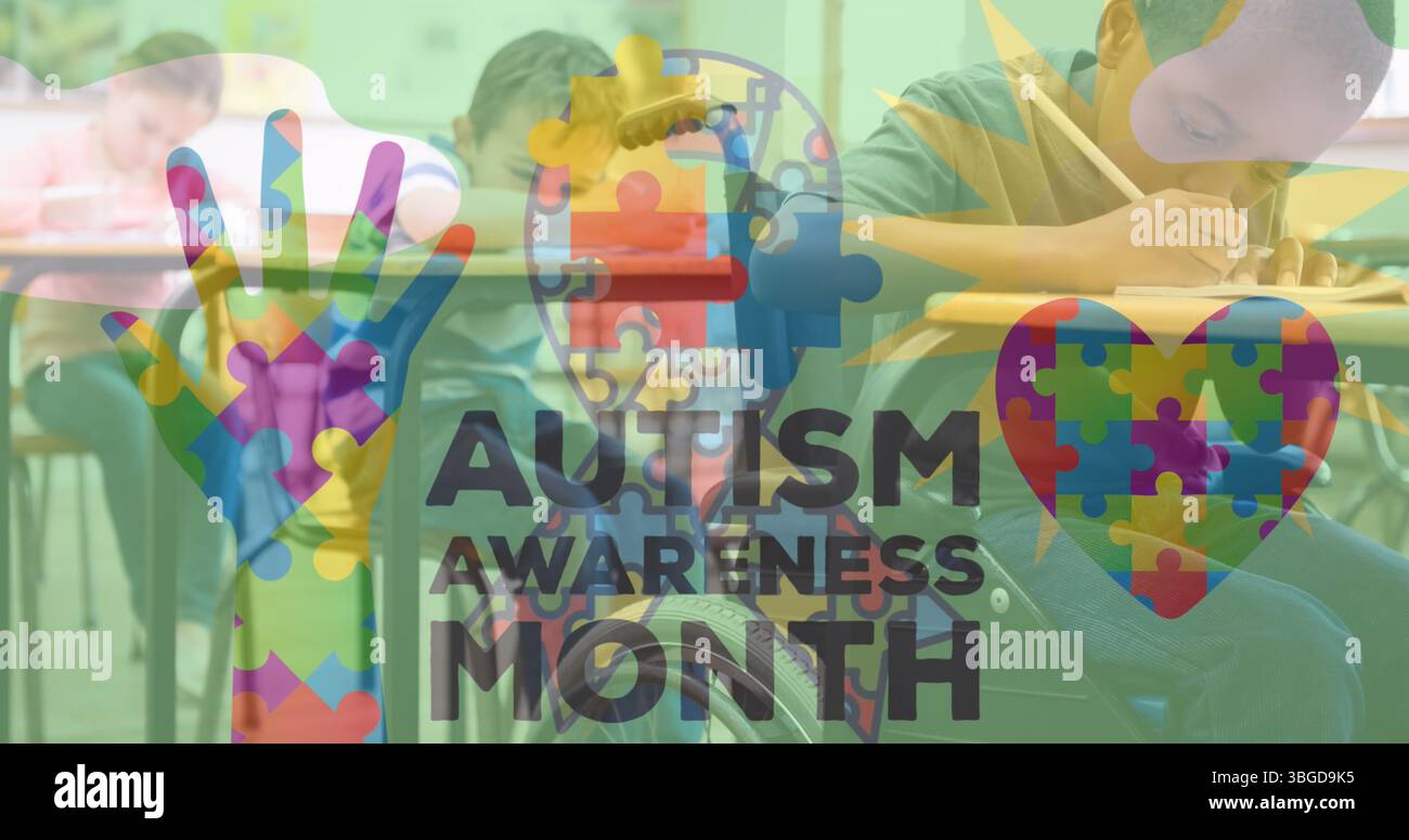 Image of autism awareness month text and icons over diverse ...