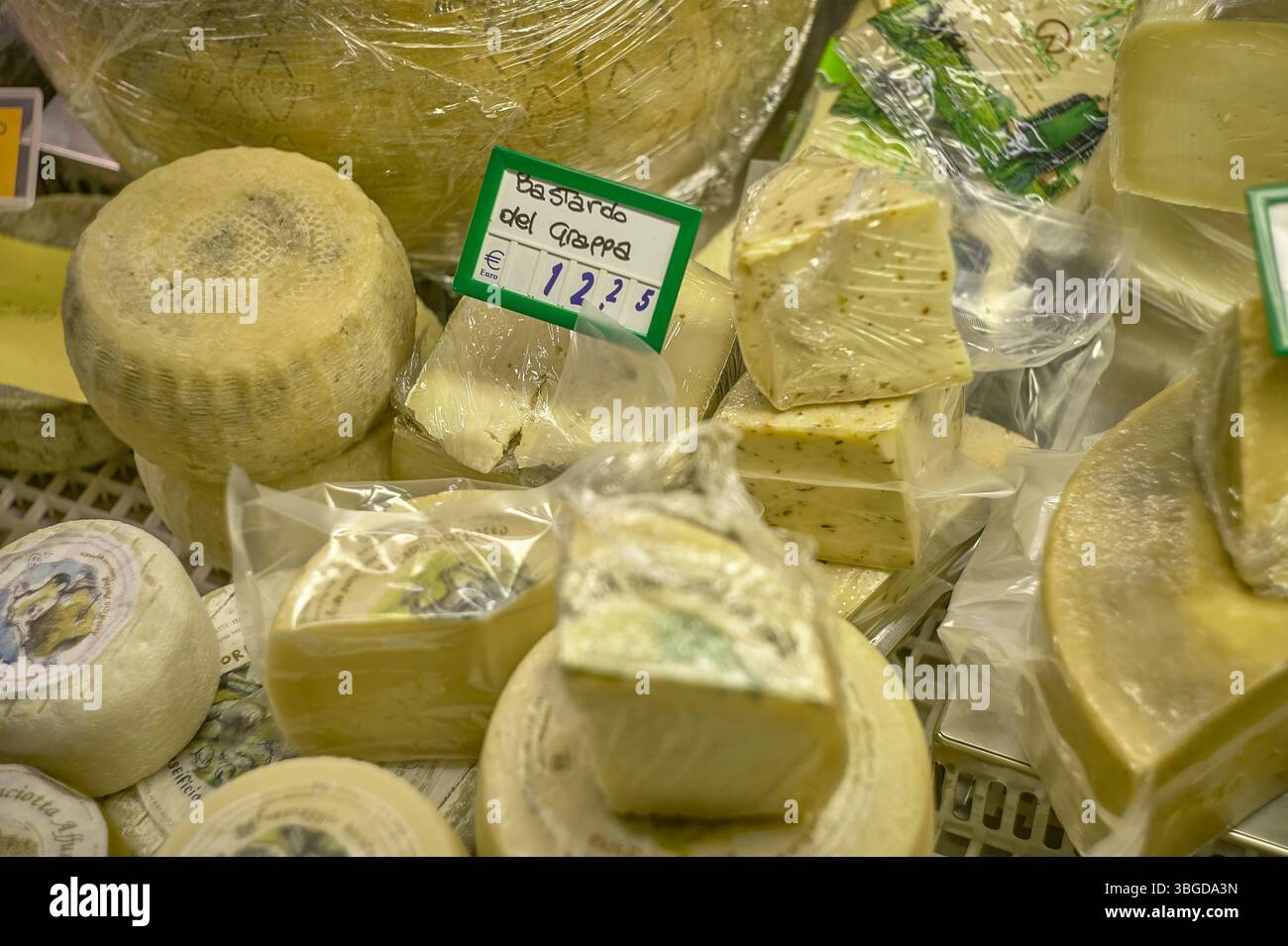 Milan, Italy 1 January 2025: Different types of cheese, including ...