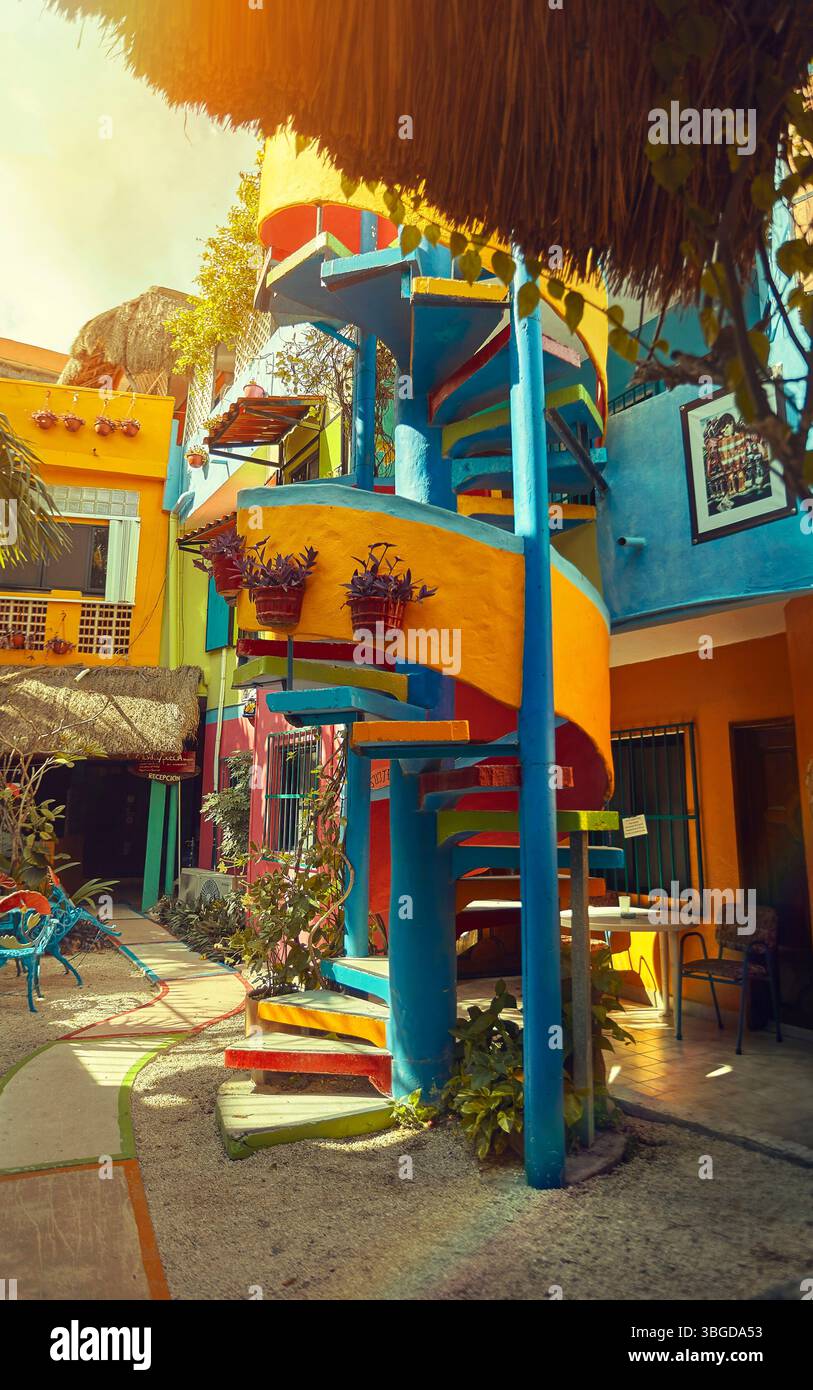 Playa del Carmen, Mexico 1 January 2025: A colorful spiral staircase ...