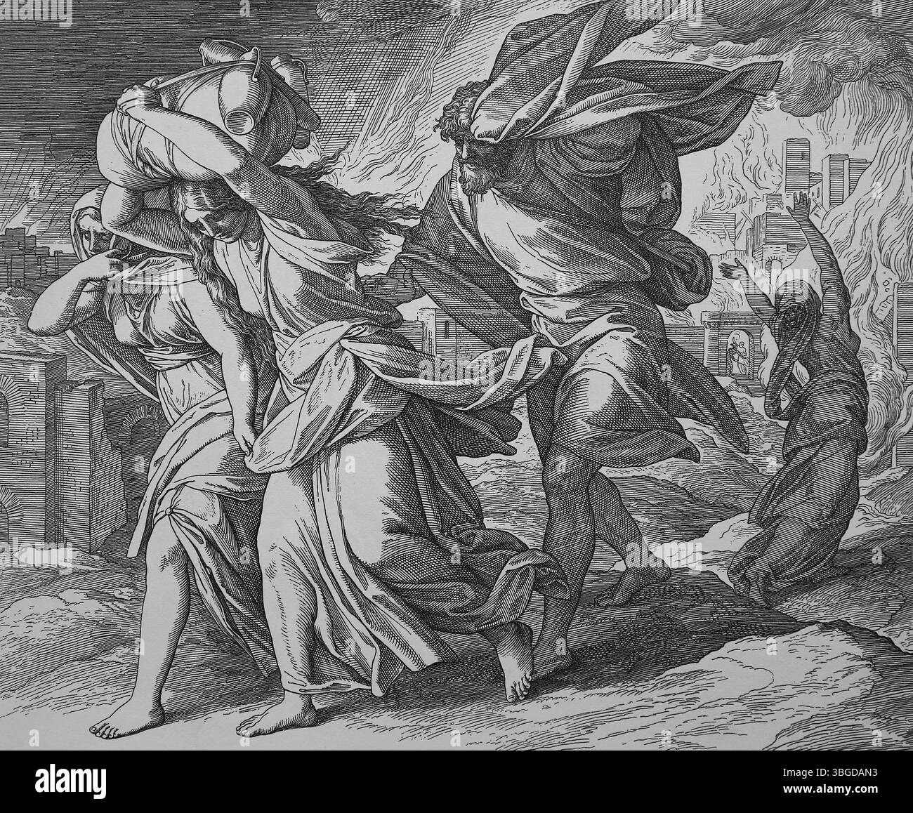 Old Testament. Lot flees Sodom. Genesis. Illustration by J. Schnorr von ...