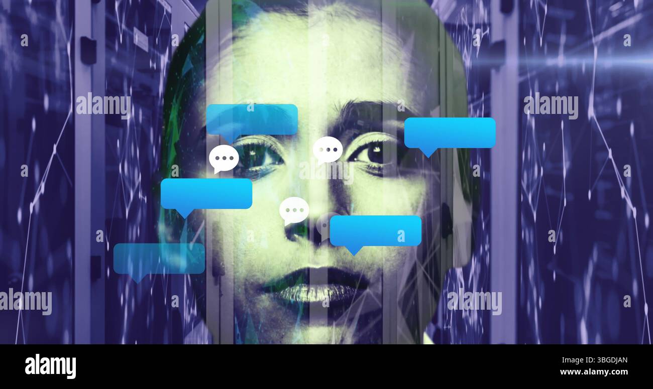 Image of social media icons and female face over server room Stock ...