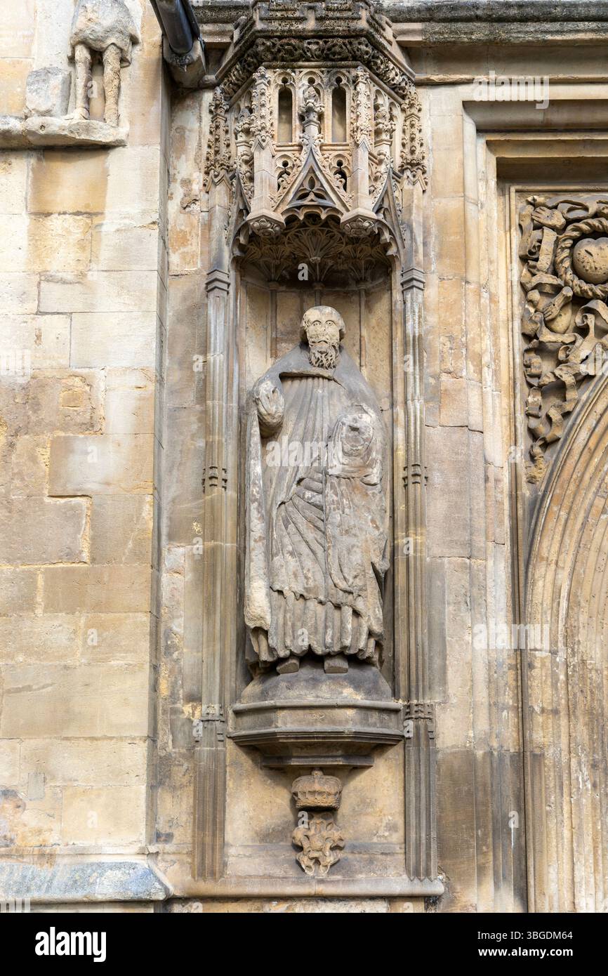 Carved stonework statue of Saint Peter, front of Abbey church, city of ...