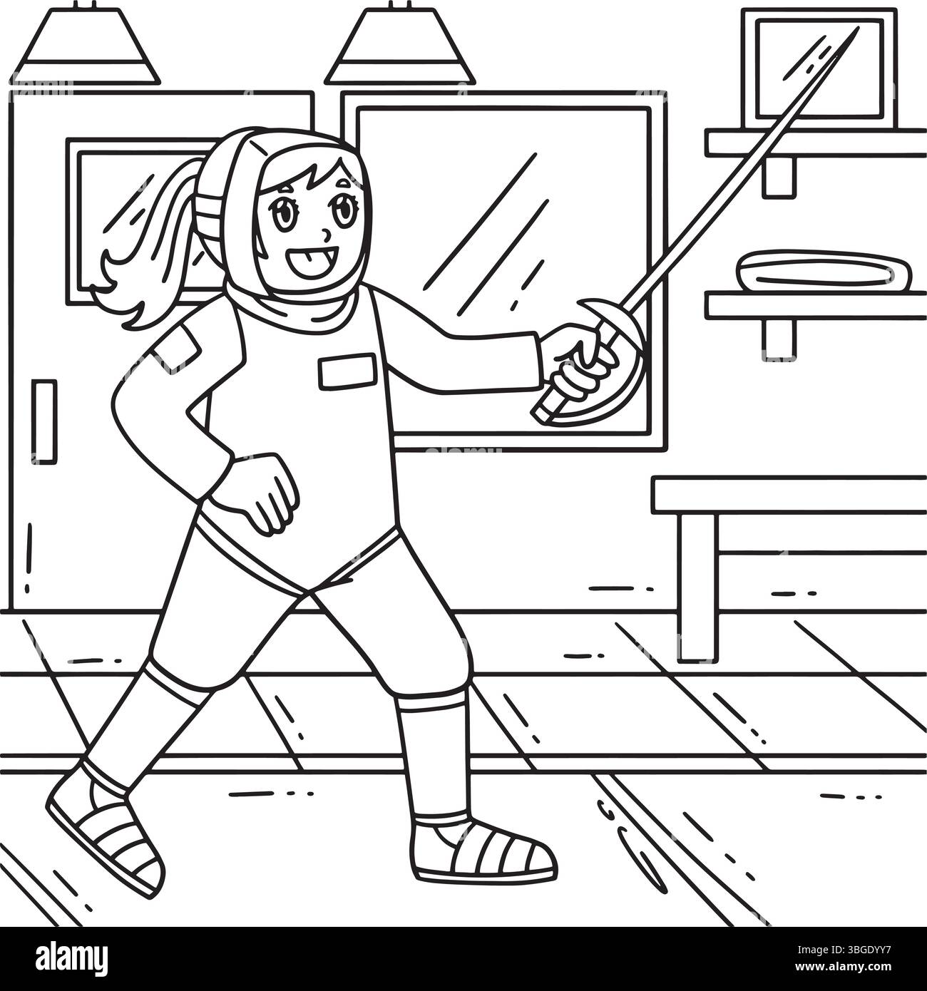 Fencing Female Fencer with Sabre Coloring Page for Stock Vector Image ...