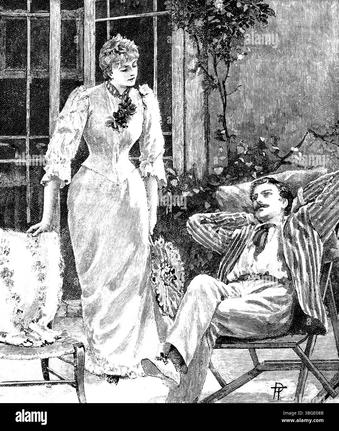 ‘I hope I didn’t disturb you’, couple on garden terrace, man in striped ...