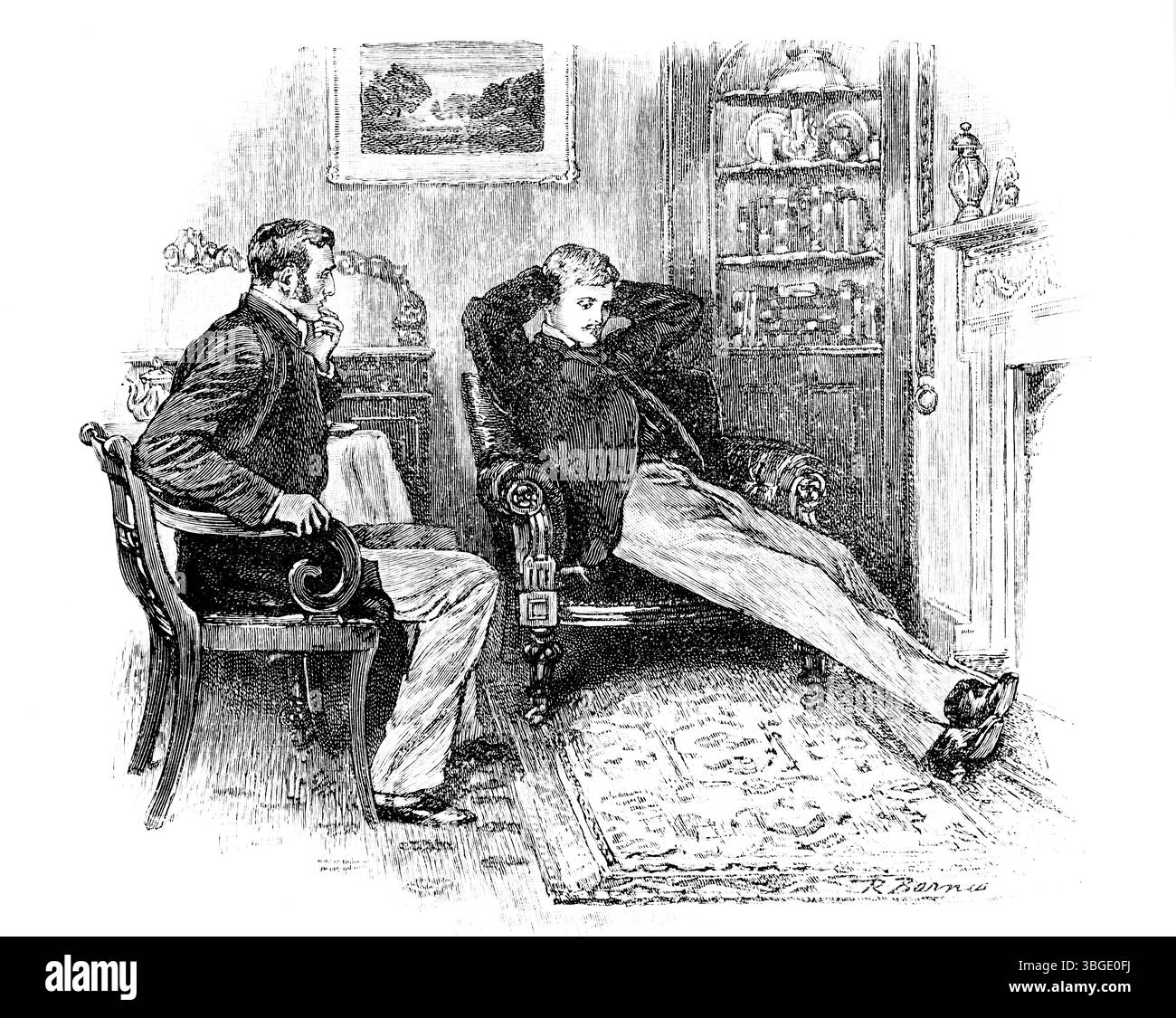 Young Victorian men talking candidly at hearth, engraved line ...