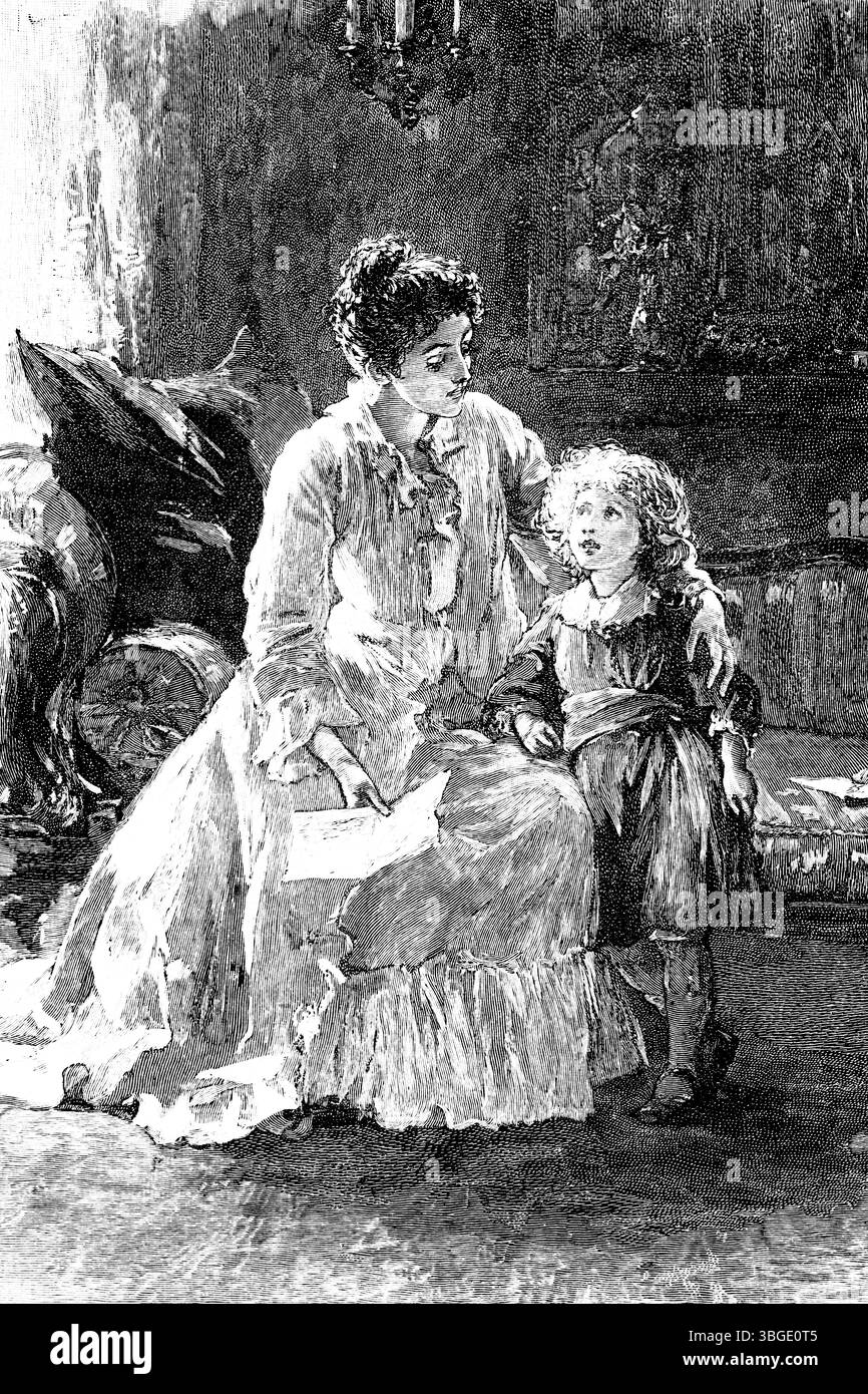 Victorian upper class domestic scene, woman and her child with letter ...
